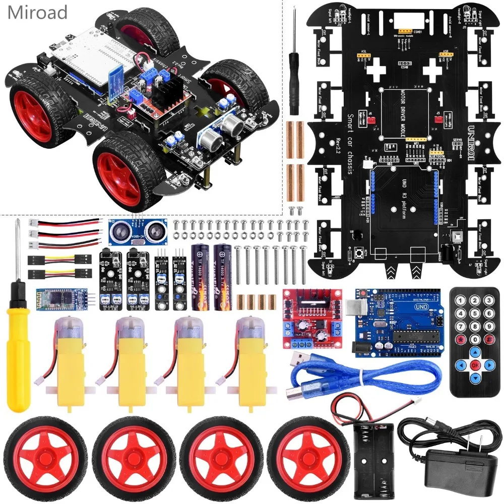 Uniroi Smart Robot Car Kit For Arduino Uno With 4 Wheel Drive Infrared And Ultrasonic Obstacle