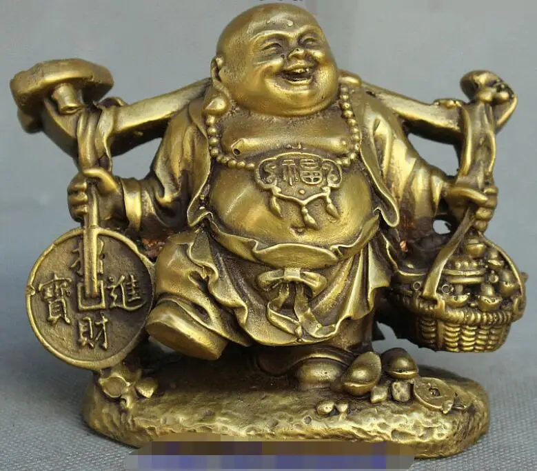 Chinese Buddhism Brass Wealth Money RuYi Happy Laughing Maitreya Buddha ...