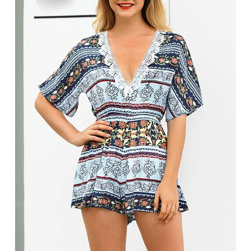 Women Playsuits Rompers Sexy V Neck Bohemian Floral Print Shorts