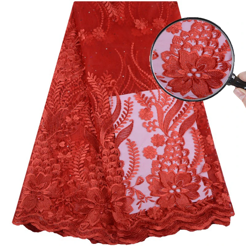 2019 Bright Red African Lace Fabric Embroidery Nigerian French Lace ...