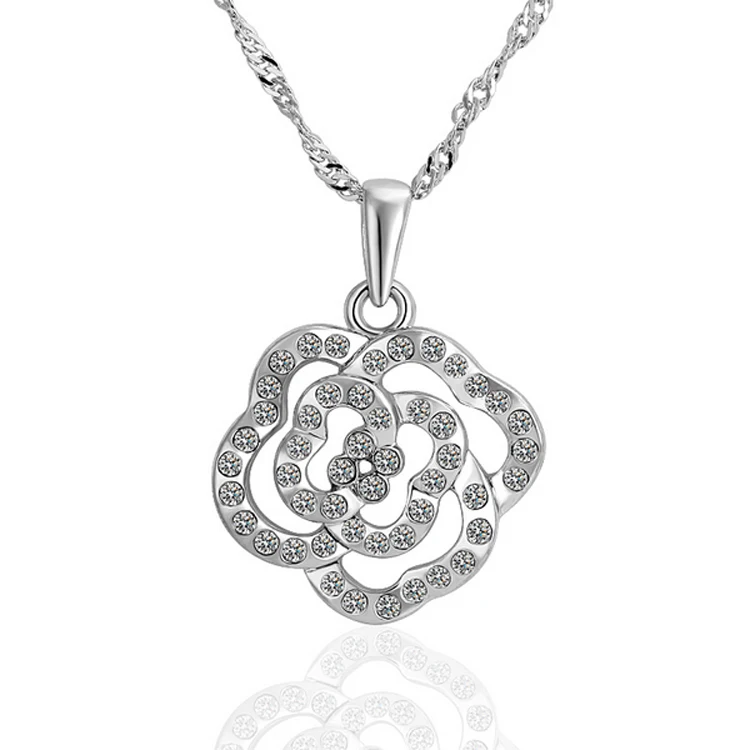 New 2015 Rose Flower Pendant Necklace Rose Full Of Rhinestone Austrian ...