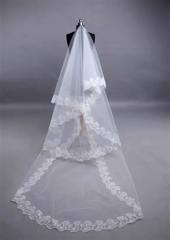 Free Shipping CHEAP 100% guarantee 3 layers lace edge long wedding veil ...