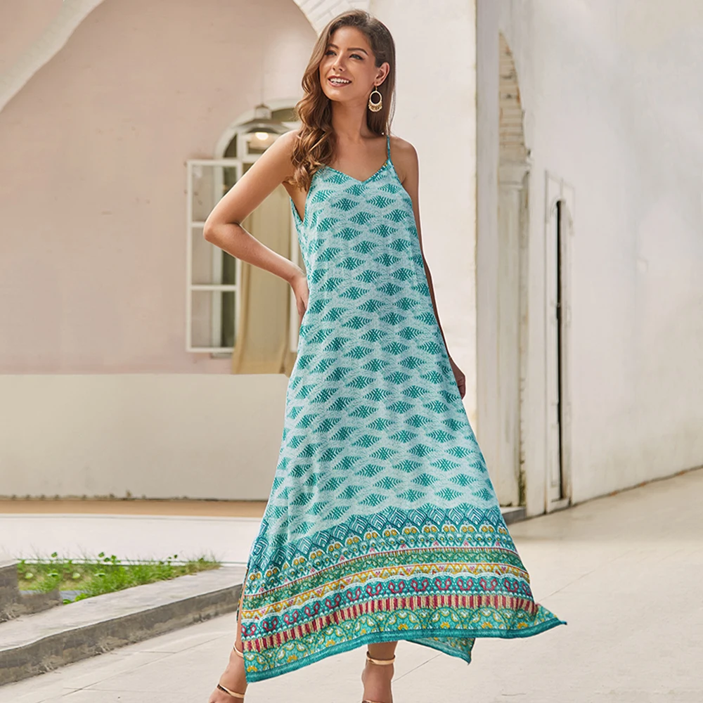 Frauen Strand Kleid Sommer V ausschnitt Sling Geometrische Druck ...