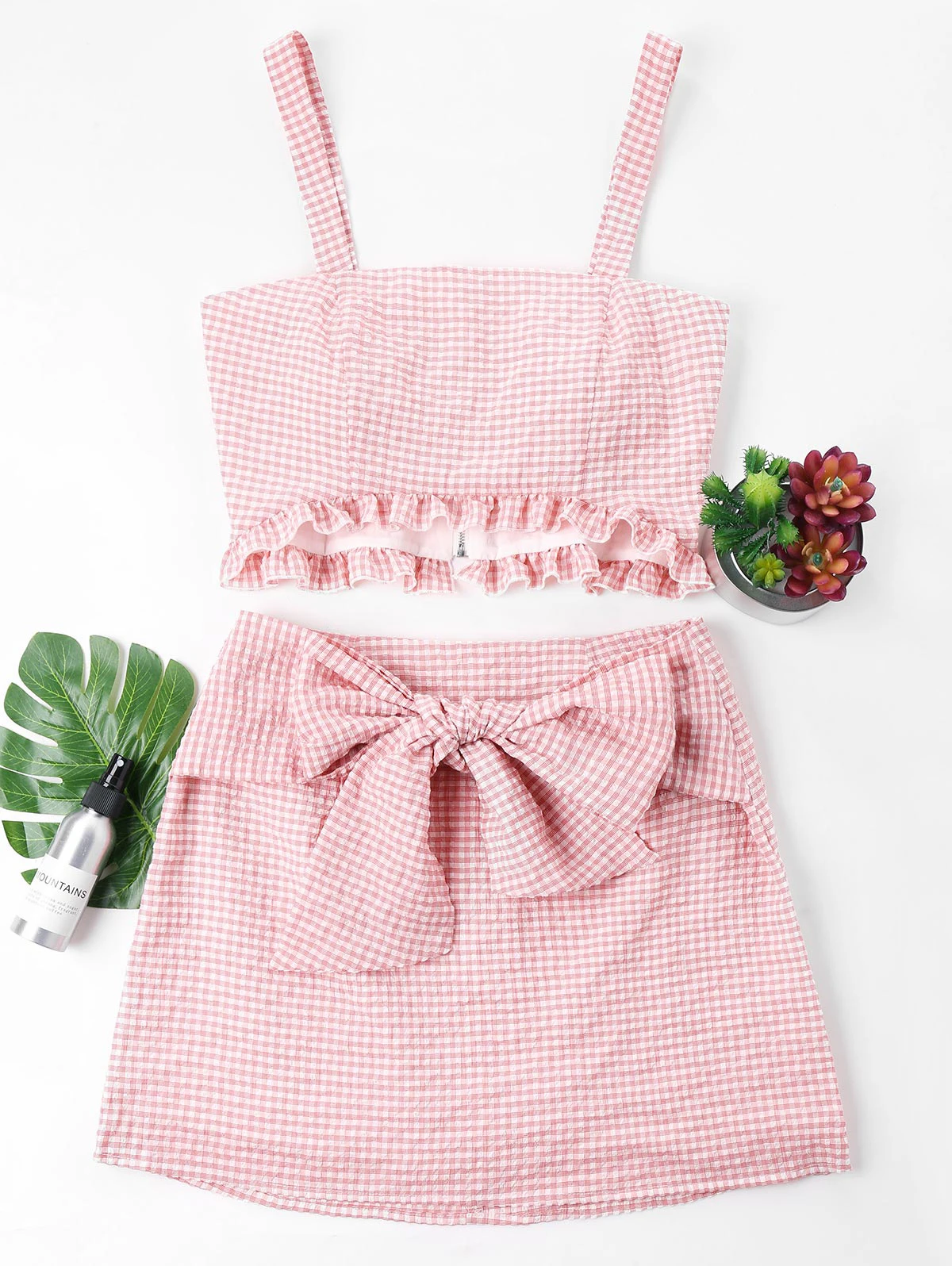 Zan Style Front Bow Knot Tie Skirt Gingham Ruffles Cropped Top Two