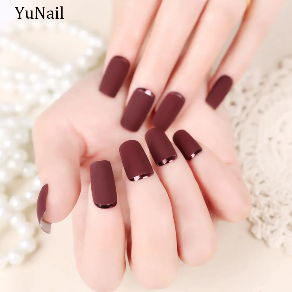 24pcs/Set Metallic Matte Full Nail Tips Long Design Metal Side Girls ...