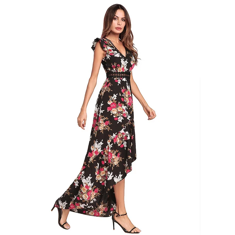 Sexy Asymmetric Long Dress Women V Neck Print Dresses Summer Backless