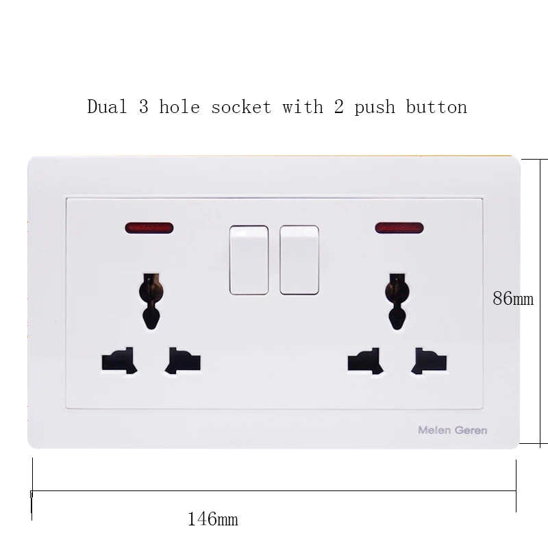 Universal Wall Socket Push Button Light Switch Dual 3 hole Power Plug ...