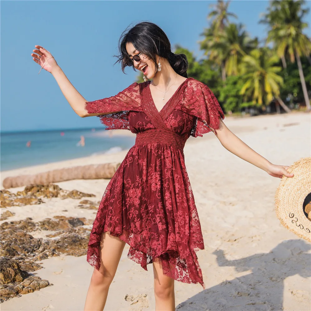 2019 summer beach resort dress wine red embroidery V collar loose long ...