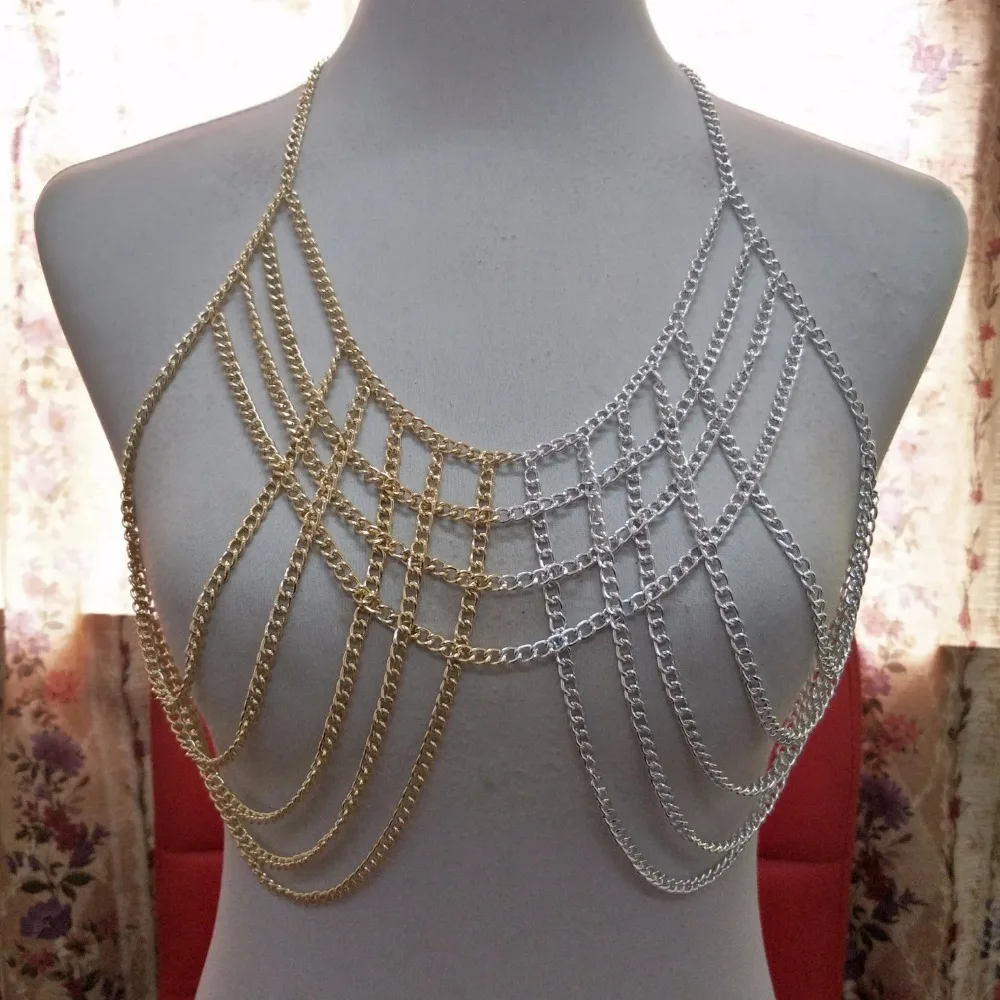 Sexy Bikini Chainmail Tops Harness Bra Body Chest Chain Silver Gold Body Jewelry Boho Necklace