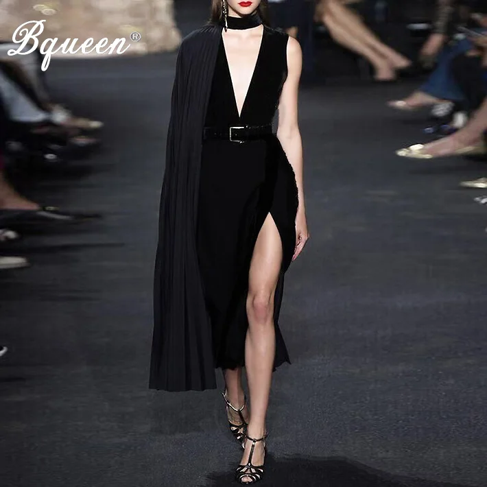Bqueen 2017 New Fashion Black Deep V Split Cloak Sleeveless Sexy Mid ...