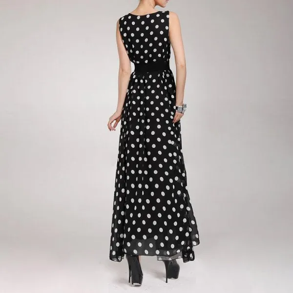Fashion Womens Chiffon Polka Dot Long Sleeveless Maxi Party Dress Gown