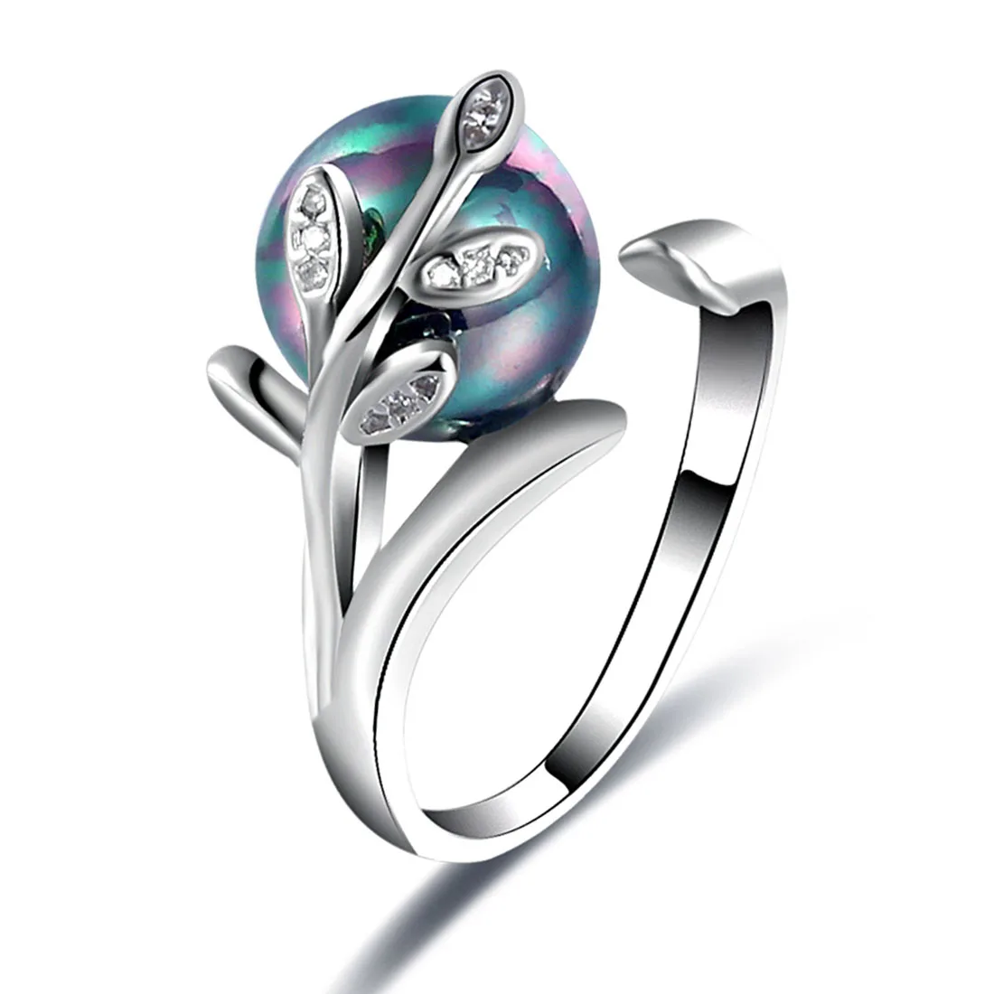 Branch Leaf Shape Silver Adjustable Rings for Women with Colorful Stone ...