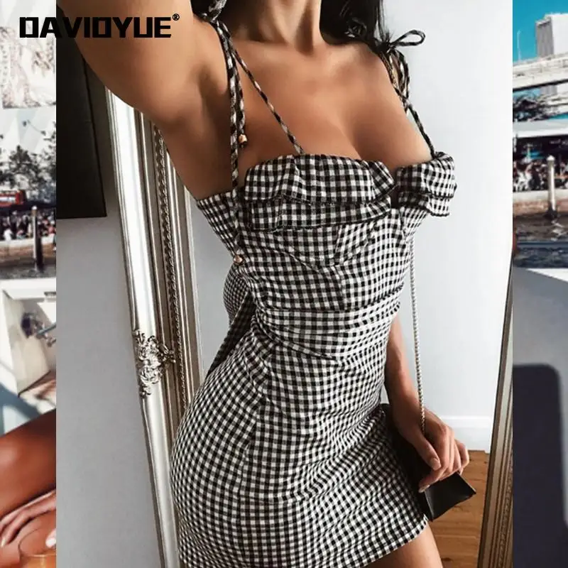 Sexy Spaghetti Strap Plaid Dress Women Sashes Bow Backless Mini Dress