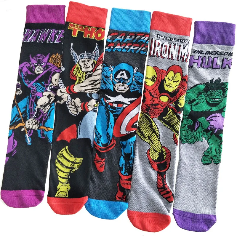 5 Pairs/pack Men Socks Marvel Comic Heros Anime Pattern Iron Man Thor ...