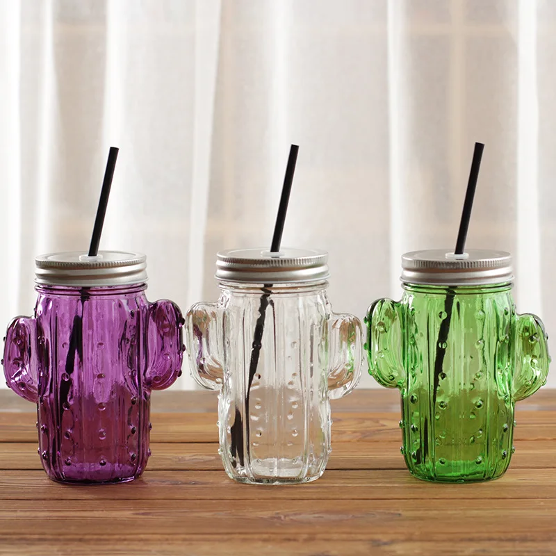 Buy Creative 3d Cactus Glass Mason Jar Mug With Lid And Straw Cold Drink