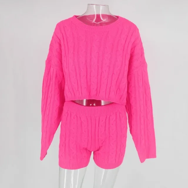 Autumn Winter Knitted Women 2 Piece Sets Solid Short And Sweater Two