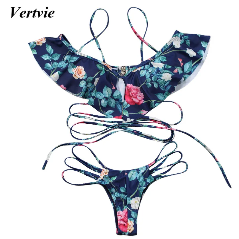2018 Off Shoulder Bandage Bikini Set Women Floral Bikini Low Waist