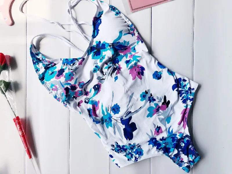 2017 Blue Floral Printed One Piece Swimsuit Bathing Suit Swimwear For ...