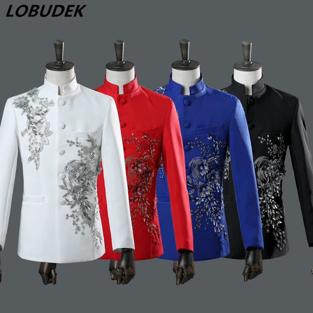 Male Chinese Tunic Suit Applique Sequins Crystals Blazers Stand Collar ...