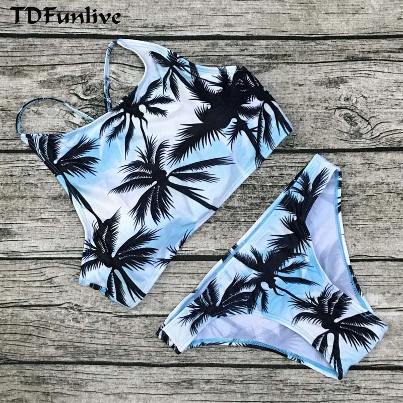Print Floral Palm Tree Bikini Set Halter Crop Top Hang High Neck Bikinis Set Push Up Swimwear