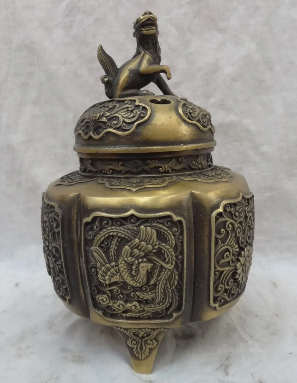 bir 004117 9" Tibet Bronze Phoenix Dragon Kylin Statue Flower Incense ...