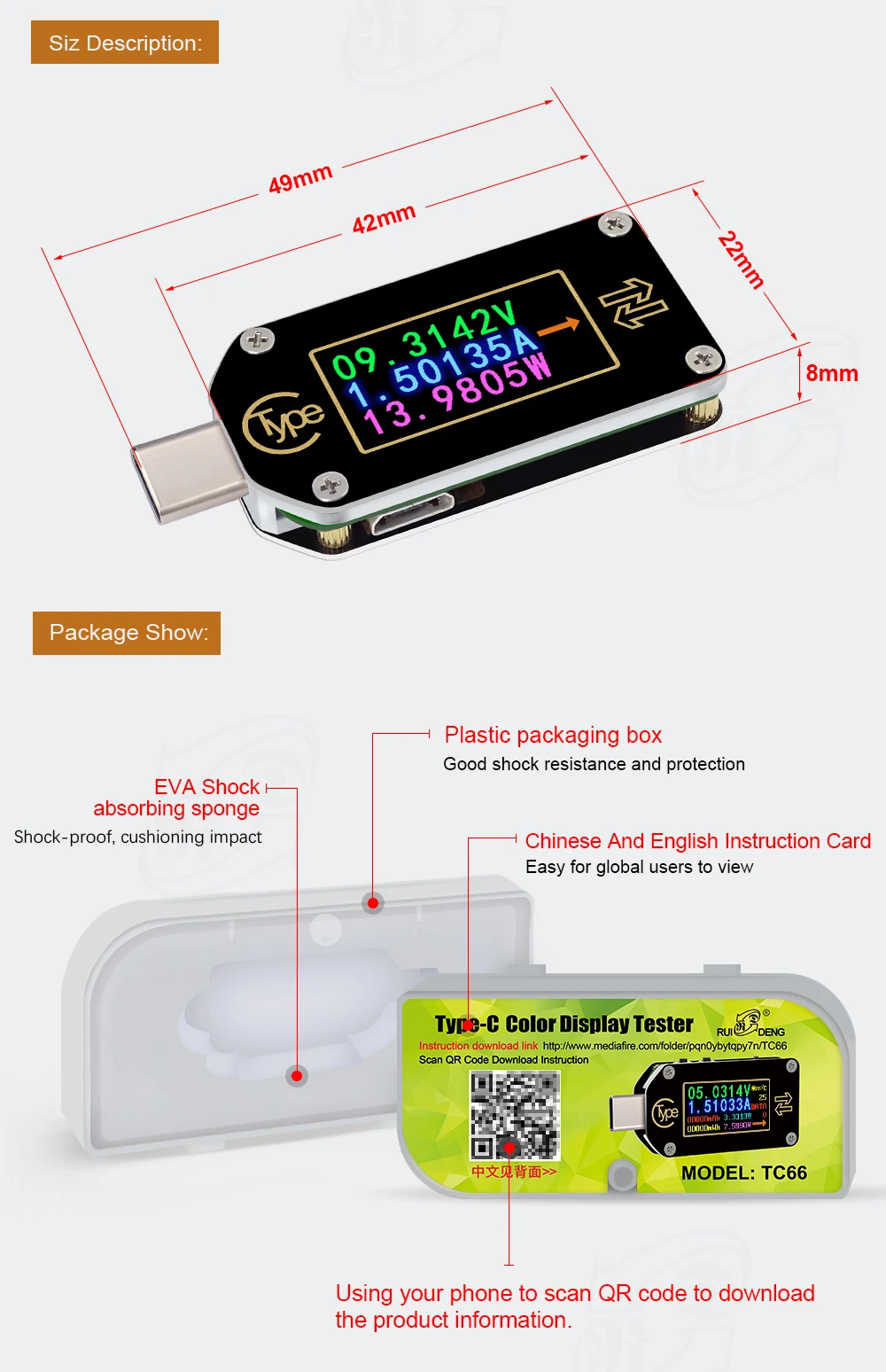TC64 Type-C Port USB Voltage Current Multimeter Color LCD Display