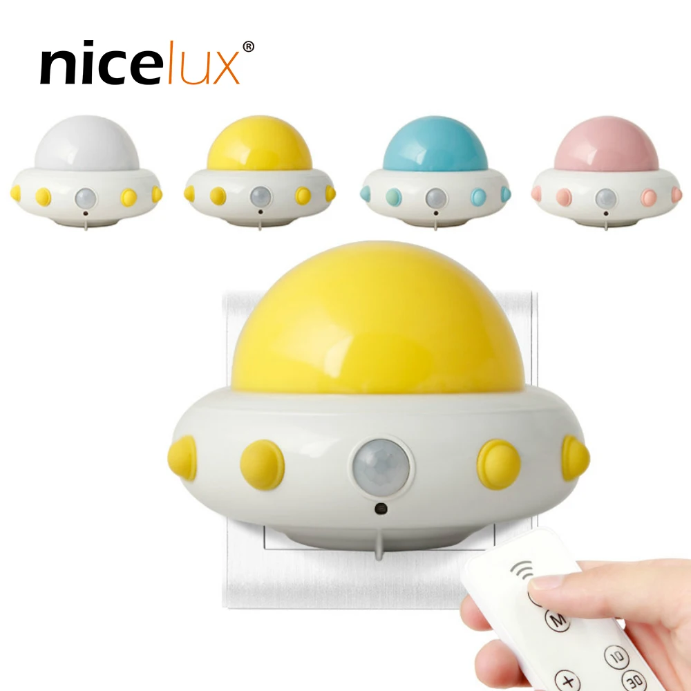 220V LED UFO Night Light Remote Control Plug In Type Brightness Wall ...