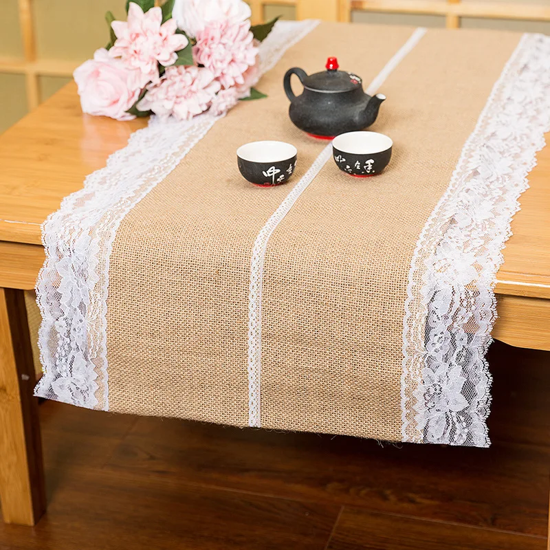 40x260cm Natural Jute Burlap Table Runner 2 side & Middle Lace Wedding ...