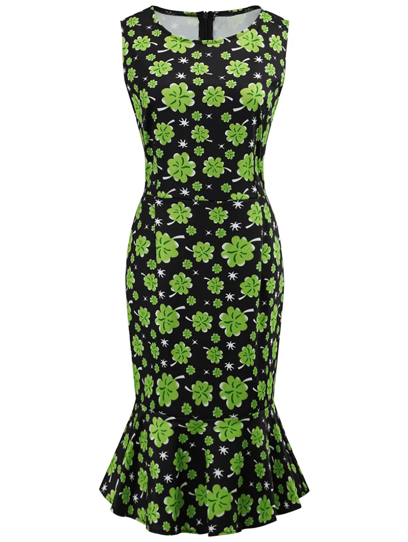 Wipalo Clover Print Vintage Dress Women Retro Rockabilly Sleeveless