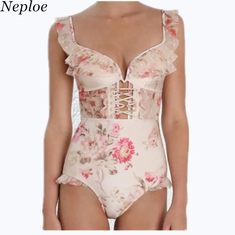 Neploe Print Hollow Out Lace Women Bikini Halter Push Up Swimsuit