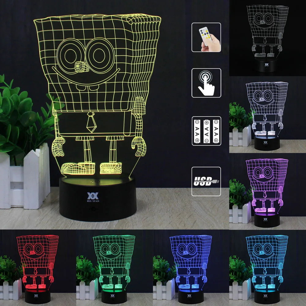 HUI YUAN SpongeBob 3D Night Light RGB Changeable Mood Lamp LED Light DC ...
