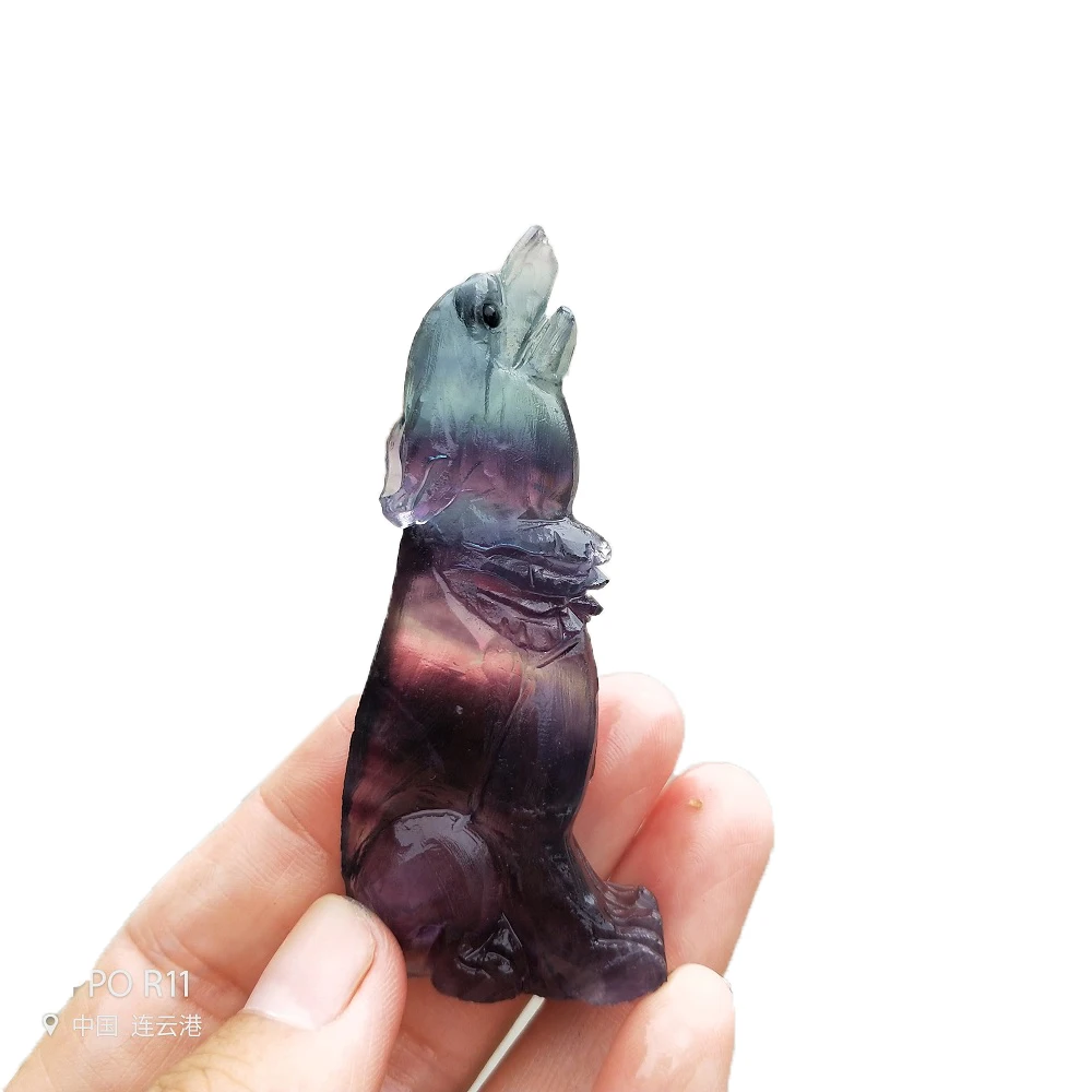 Natural Crystal Stone Rainbow Fluorite Wolf Hand Carving Quartz Crystal ...