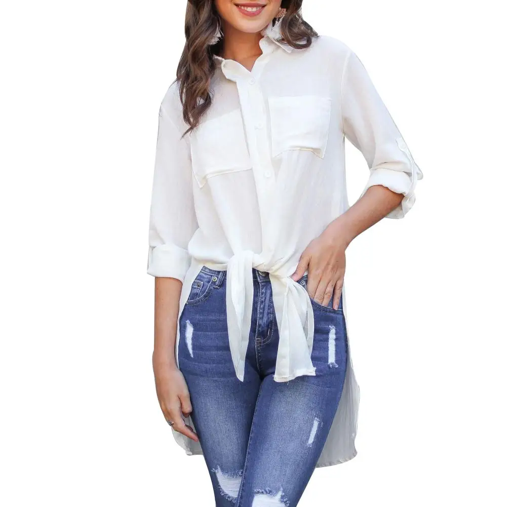 Fashion Roll Up Sleeve Lapel Button Long Shirt Side Slit Women Casual