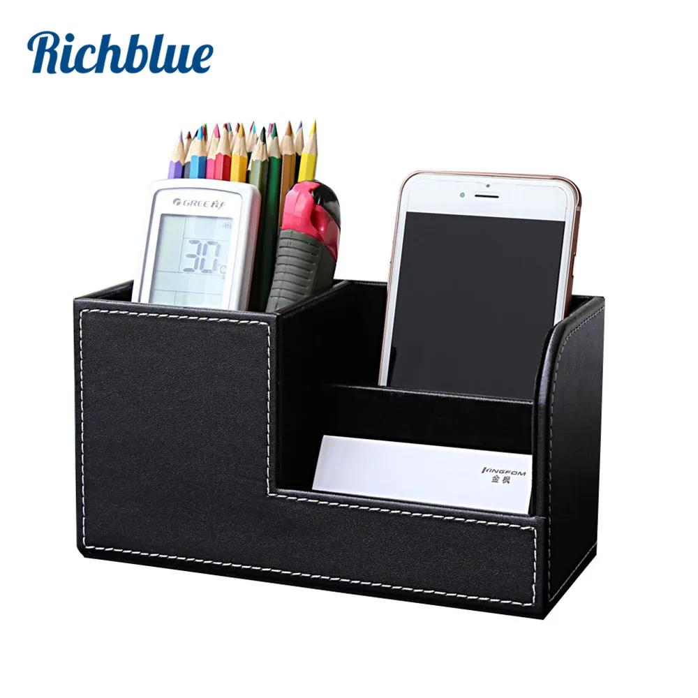 High Grade PU Leather Desk Organizer Wooden Pen Holder Pencil Box ...