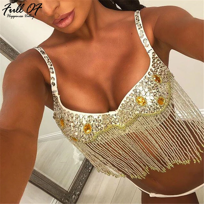 Buy Sexy Chest Chain Tassel Sequins Crop Tops Women