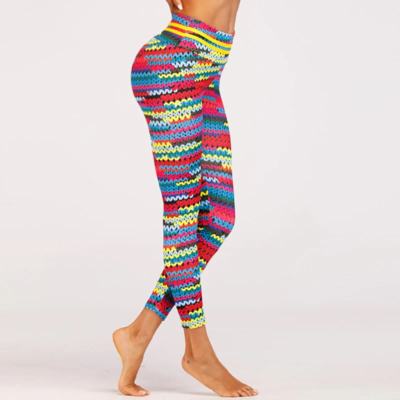 Original Knit Printing Leggings Women High Waist Colorful String Front ...