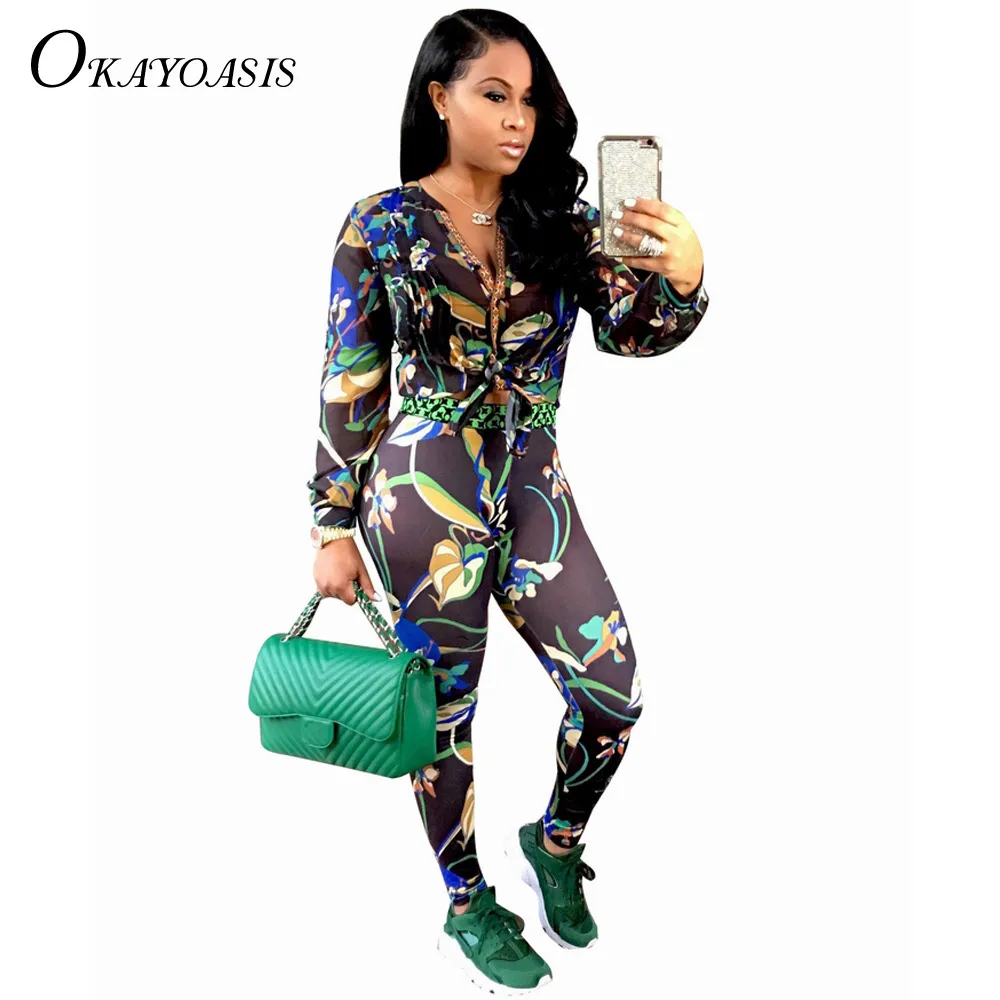 Okayoasis Vintage Printed Women Jumpsuits Long Sleeve Elegant Ladies Office Party Casual Bodycon
