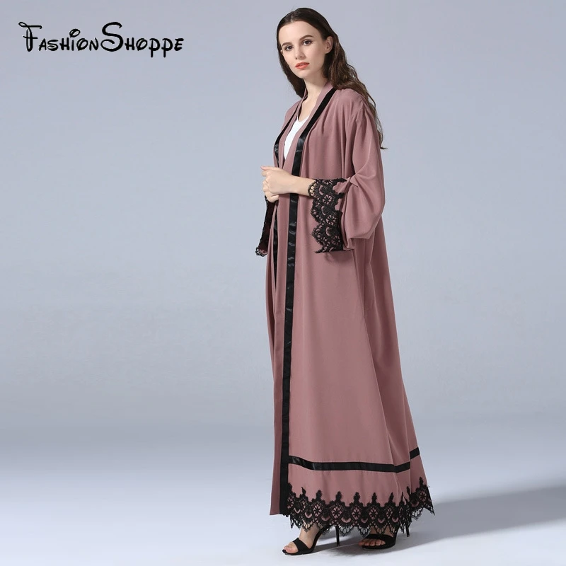 Muslim Maxi Dress Open Abaya Embroidery Lace Cardigan Jilbab Long Robe ...