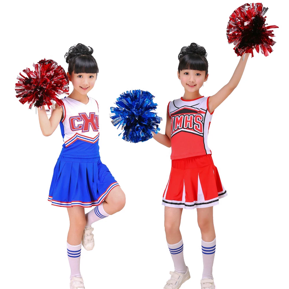 Girls Red And Blue Cheerleader Costume Cheer Outfit Uniform With Pom Poms