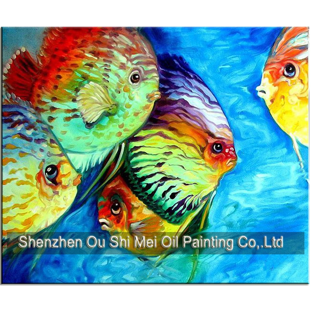 Unframed Handmade 5 Fishs Oil Painting On Canvas for Living Room or ...