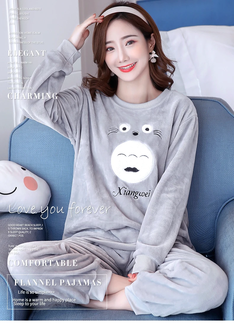 Winter Women Sleepwear Pyjama Suit Thick Warm Cute Sleeping Clothes ...