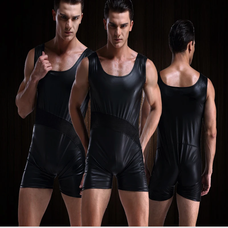 Exclusive Newest Mens Fashion Black Top Soft Faux Leather Bodysuit