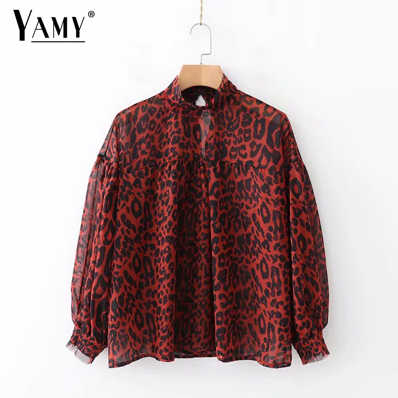 Leopard blouse womens tops and blouses transparent vintage long sleeve ...