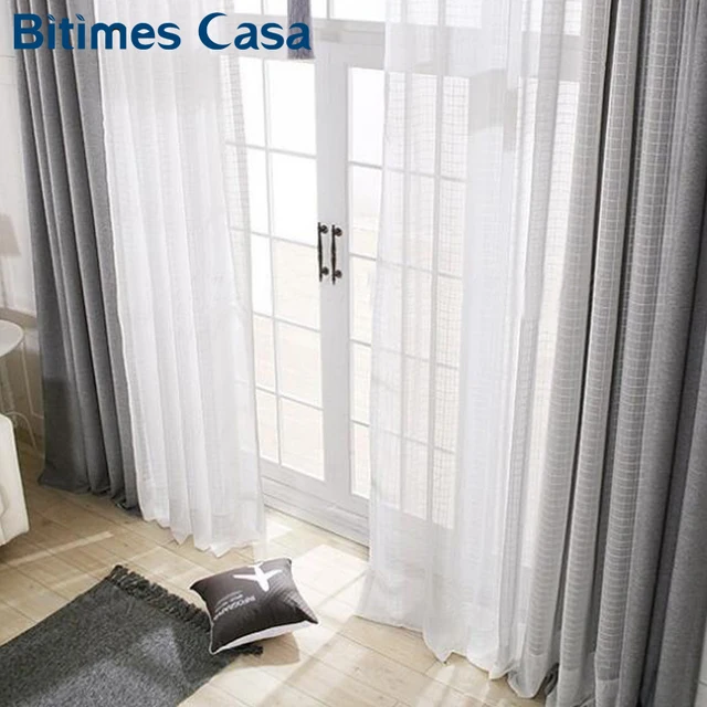 Best White Color Plaid Linen Windows Screening Voile Tulle Curtain For ...