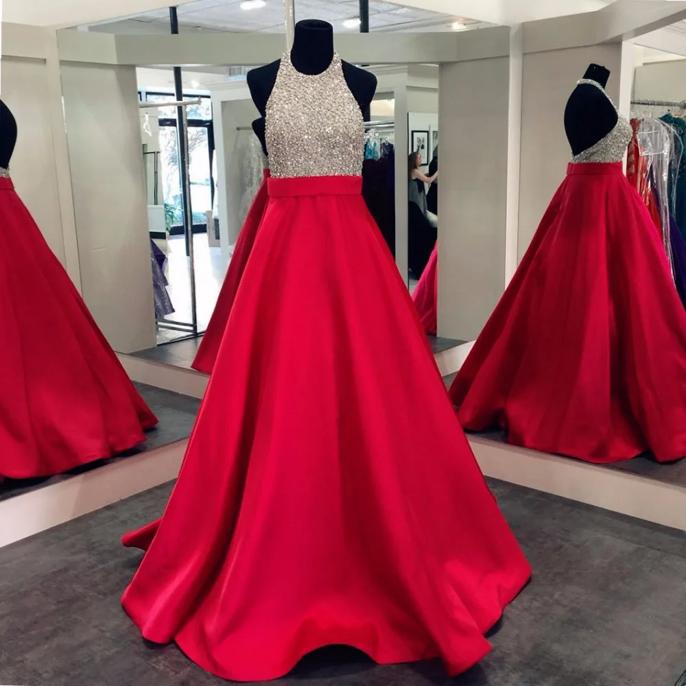 Beautiful Red Satin Prom Dresses 2017 Halter Neckline Beaded Prom Gowns