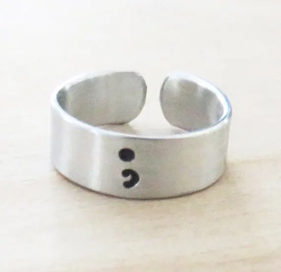 Semicolon Alloy Handstamped Ring Silver Plated Rings Inspirational ...