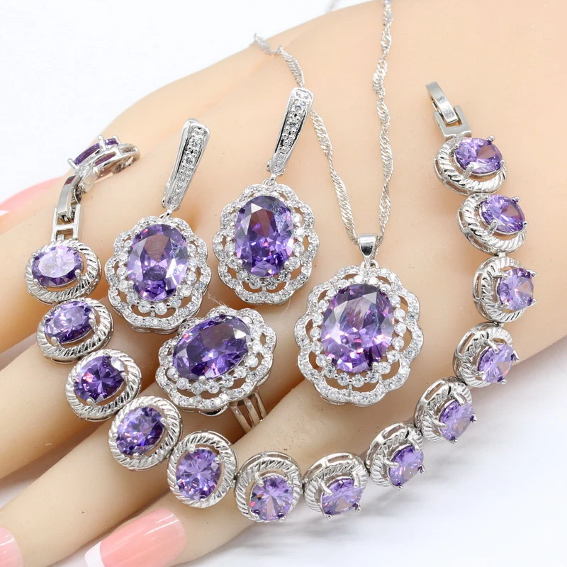 Oval Purple Cubic Zirconia Silver Color Jewelry Sets For Women Necklace ...