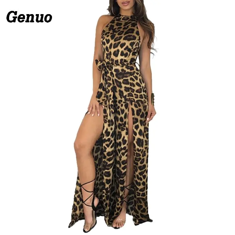 Leopard Print Halter Long Jumpsuit Women Sleeveless Backless Sashes