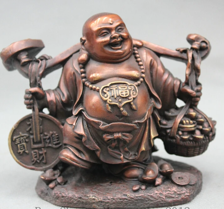 5" Chinese Bronze Happy Laugh Maitreya Buddha money Wealth wealthy RuYi ...