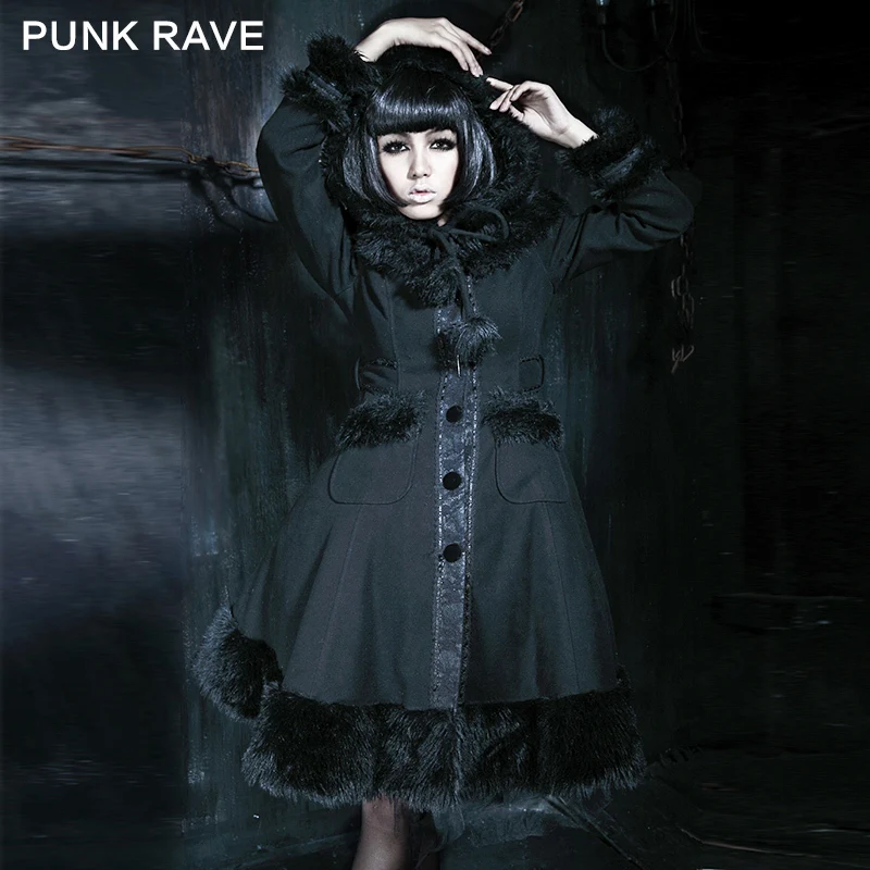 Punk Rave Woolens Coat with Hat Unique Gothic Vintage Fur Slim Solid ...
